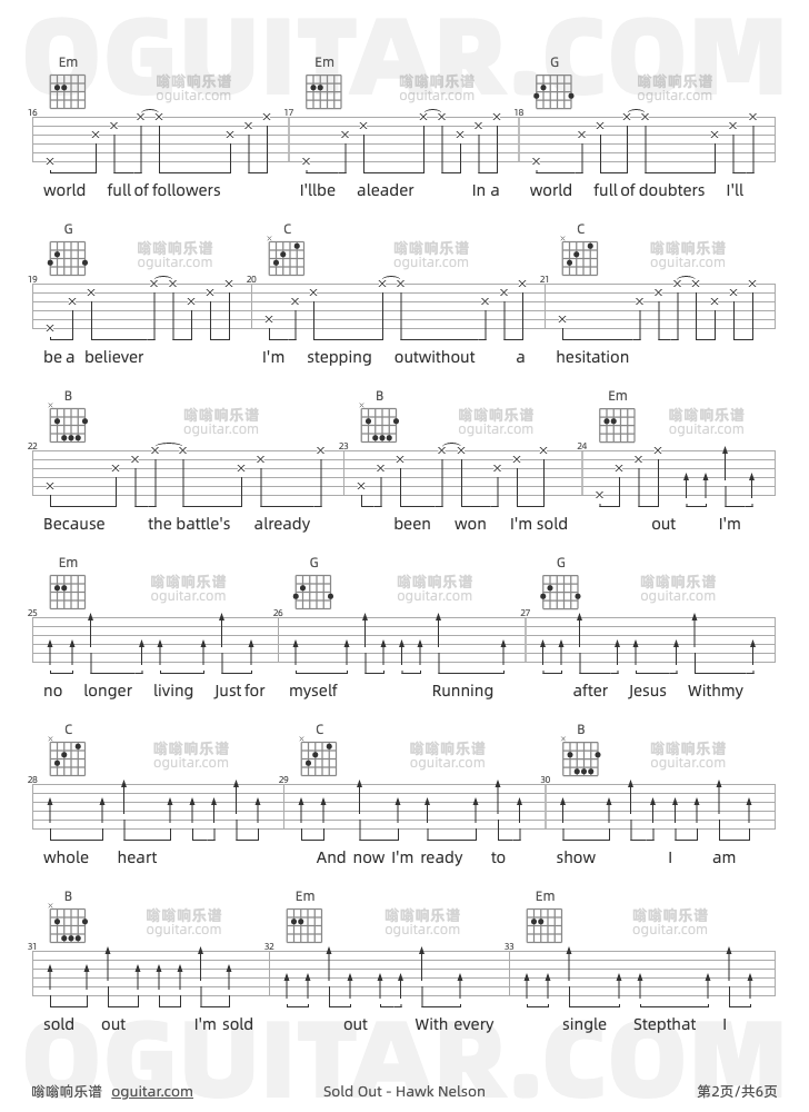SoldOut吉他谱,Hawk Nelson歌曲,G调指弹简谱,6张教学六线谱 - 吉他简谱 - 吉他世界